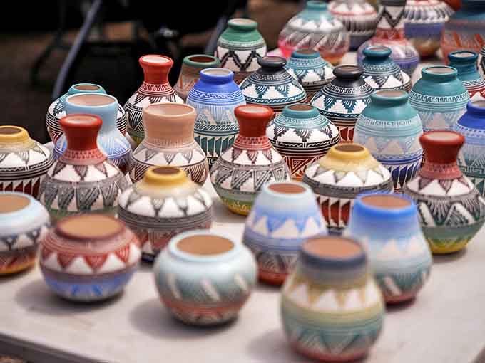 Handcrafted pottery captures the Southwest's artistic heritage in miniature vessels, each one a portable masterpiece of Indigenous craftsmanship.
