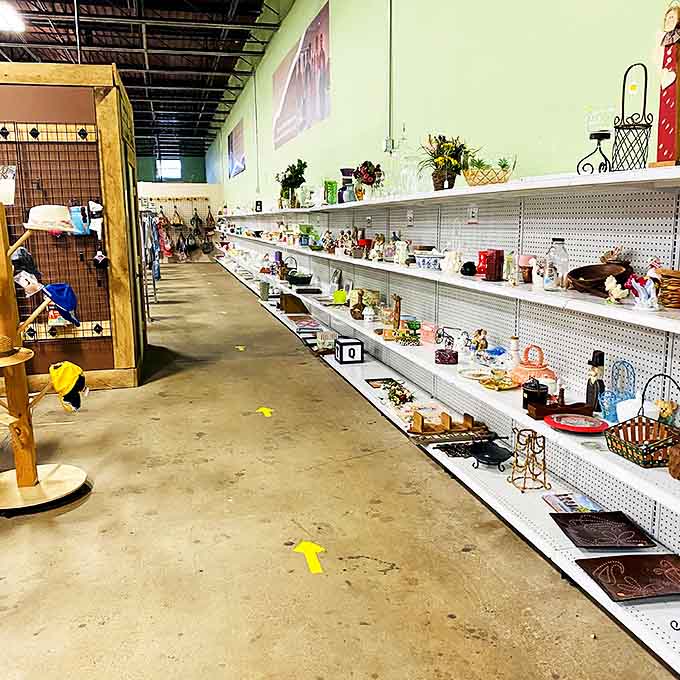 Knickknacks and home d&eacute;cor line these shelves like an archaeological dig through America's decorating phases. Vintage gold awaits!