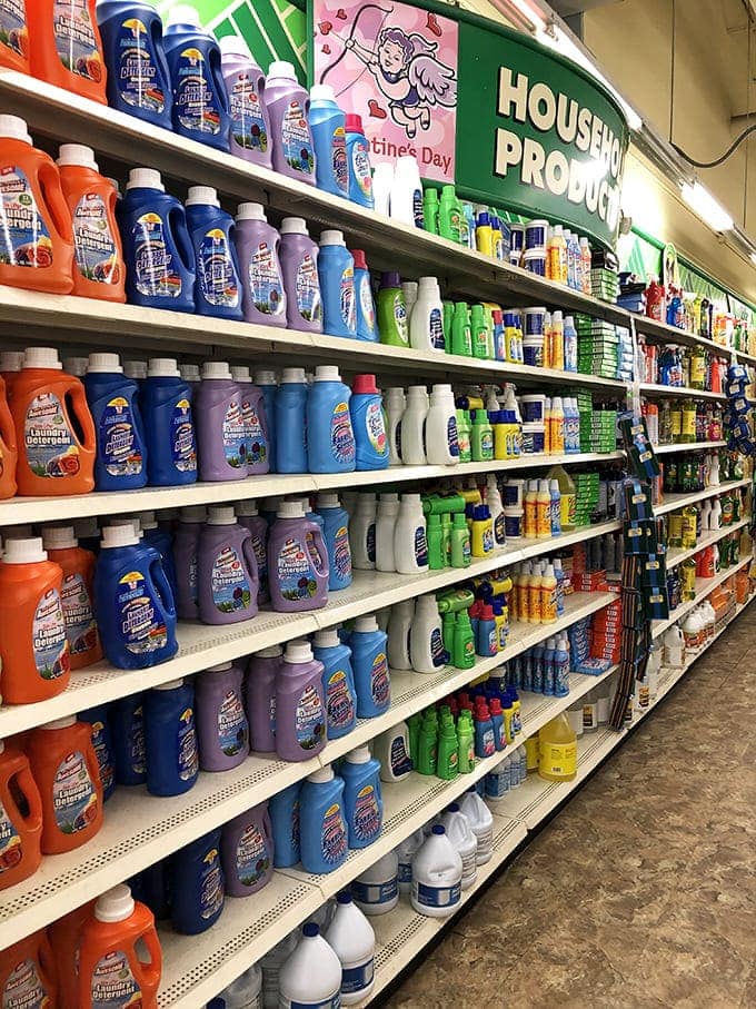 The household products aisle: a symphony of cleaning solutions that tackle everything from mysterious kitchen spills to whatever that is in the teenager's room.