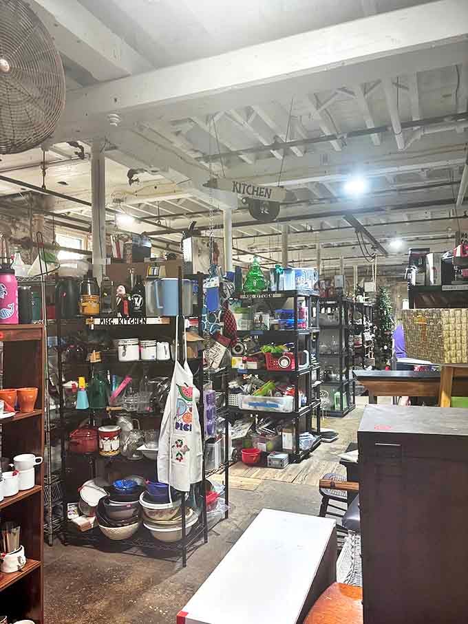 The "Kitchen" sign hangs like a promise over this wonderland of culinary tools, where someone's discarded bread machine might become your new obsession.