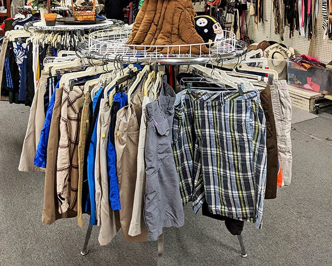 Men's shorts hanging like patient soldiers, ready for deployment to backyard barbecues and casual Fridays. Plaids and khakis playing nicely together.