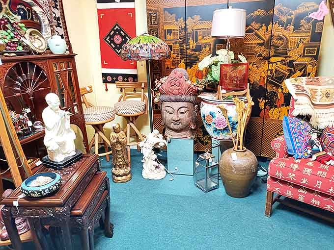 Asian-inspired treasures create a serene oasis amid the antique chaos. Buddha seems to be smiling at the irony of finding zen in America's ultimate temple of materialism.