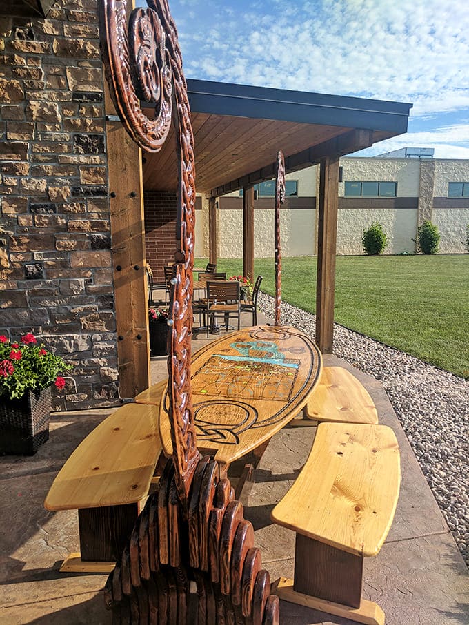 Outdoor seating with kringle-inspired design. Even the furniture pays homage to the oval pastry that put this bakery on the map.