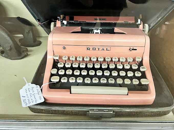 This pink Royal typewriter awaits its next great American novel. Hemingway would have scoffed, but Carrie Bradshaw would swoon.