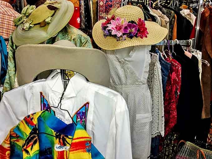 Vintage fashion paradise where today's hipsters and yesterday's debutantes find common ground in timeless style and floral sun hats.