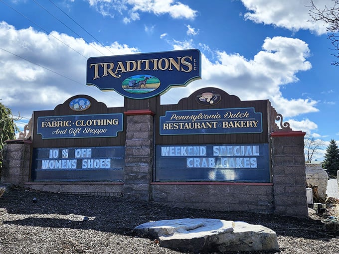 The sign says "Weekend Special: Crab Cakes," but what it really means is "Your diet starts Monday."