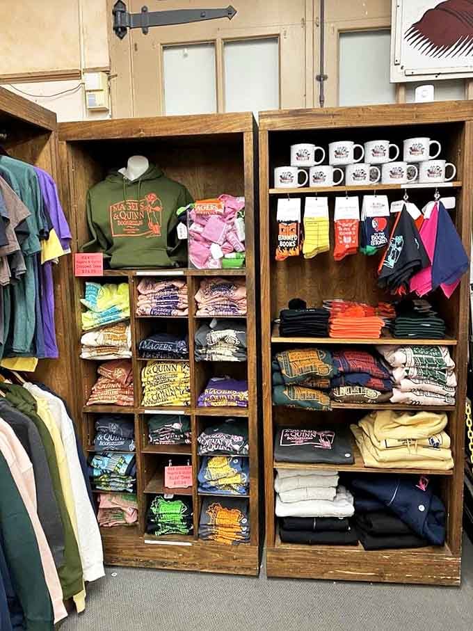 Bookstore merch: because nothing says "I read therefore I am" quite like a Magers & Quinn hoodie and matching socks.