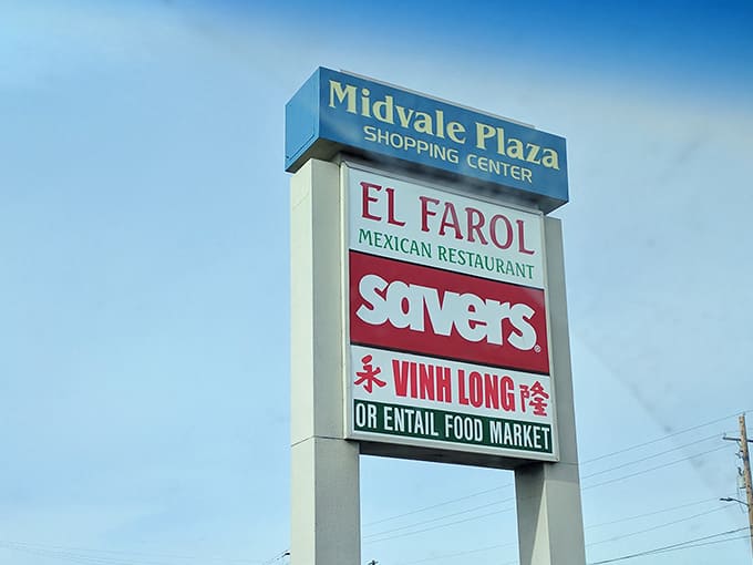 Midvale Plaza's sign reveals Savers' perfect neighbors&mdash;grab lunch at El Farol before diving into your afternoon treasure hunt.