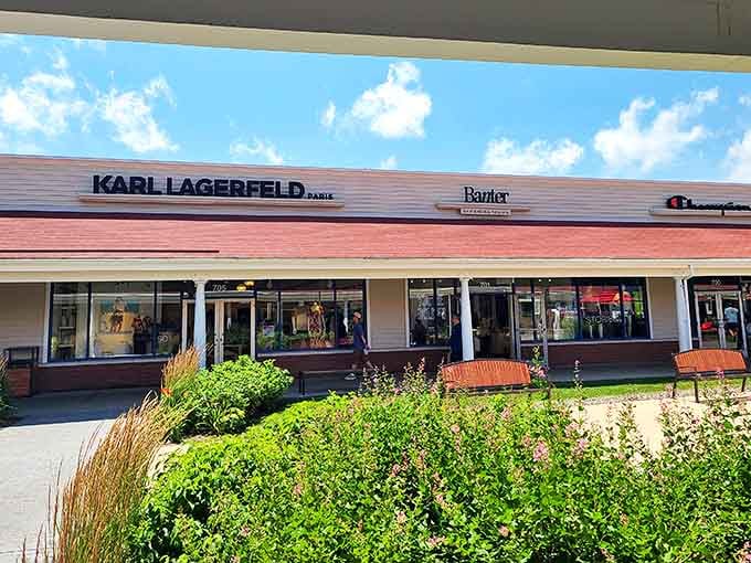 Karl Lagerfeld meets Champion – the retail equivalent of a high-low fashion pairing. The landscaping adds a touch of class to your discount quest.