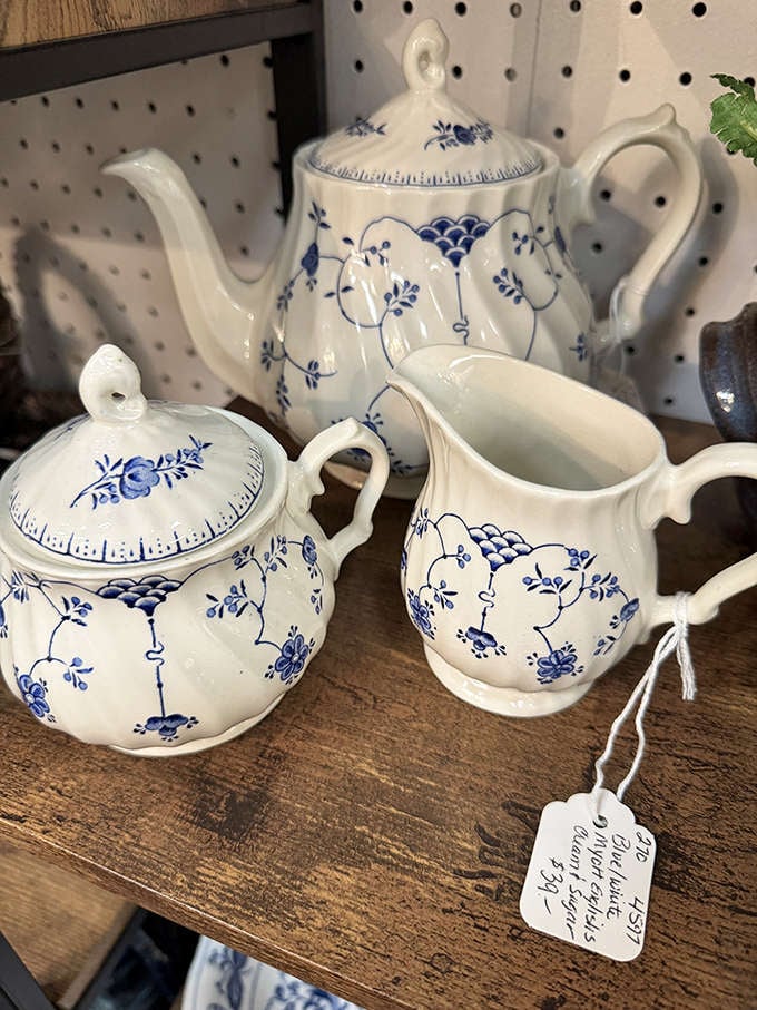 Blue and white porcelain tea service that whispers of afternoon gatherings and pinky-raised conversations from more genteel times.