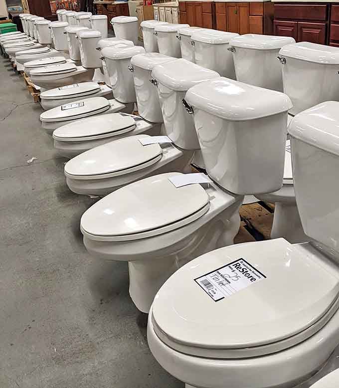 The toilet battalion stands ready for deployment to bathrooms across Delaware. Who knew bathroom fixtures could look so oddly majestic in formation?