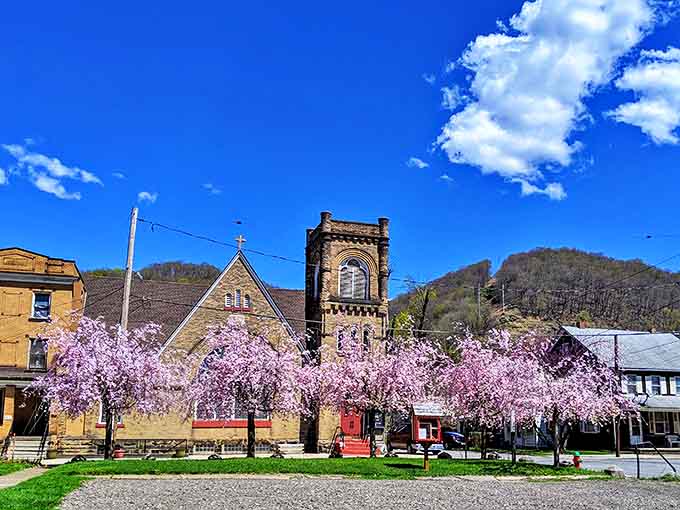 Cherry blossoms frame this historic church like nature's own Instagram filter&mdash;spring in Pennsylvania showing off its softer side.
