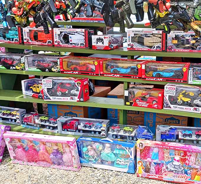 Remote-controlled cars and dolls stacked like a toy store explosion&mdash;childhood dreams available without mall prices.