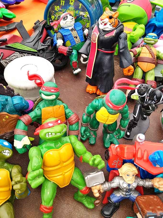 Teenage Mutant Ninja Turtles having an existential crisis among random action figures. Childhood memories priced by the handful.