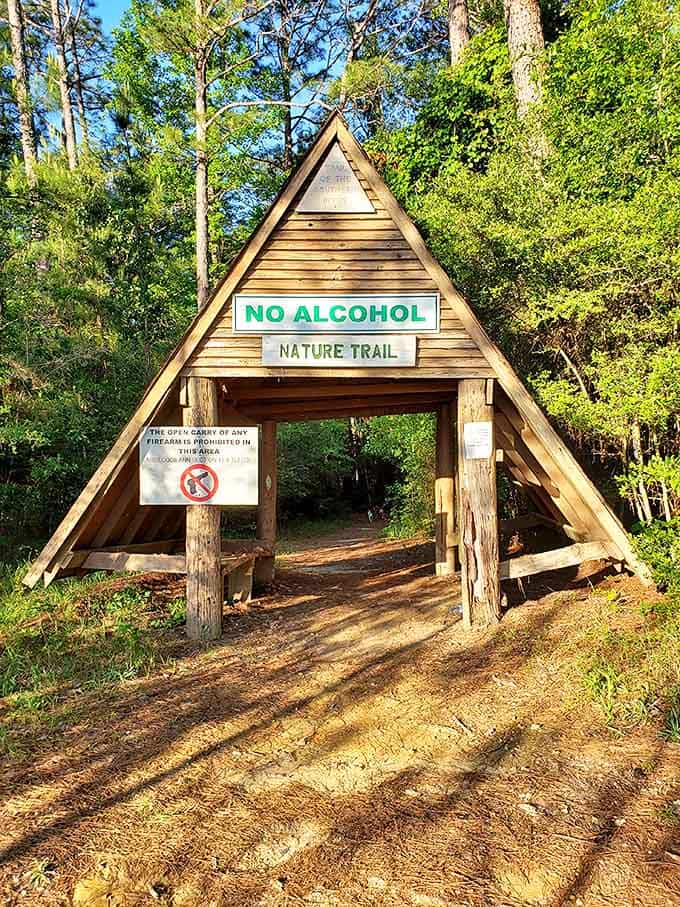 The triangular entrance to the nature trail promises wilderness adventures just steps away from civilization. No alcohol needed—nature provides the high.