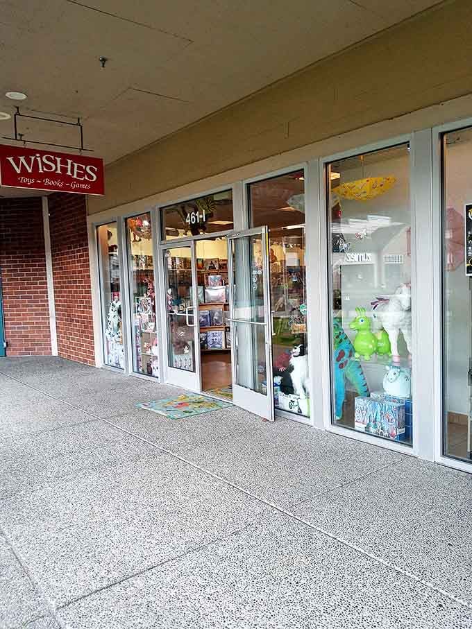 Wishes toy store offers a glimpse into childhood joy, where stuffed animals press against windows like hopeful adoption candidates.