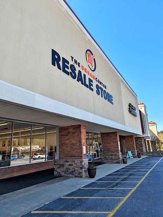 The Dream Center Resale Store's impressive facade hints at the treasure trove of affordable home goods hiding within.