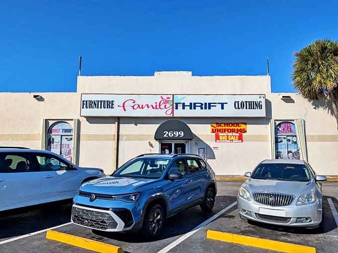 Family Thrift Store's straightforward signage promises something for everyone, from toddlers to grandparents.