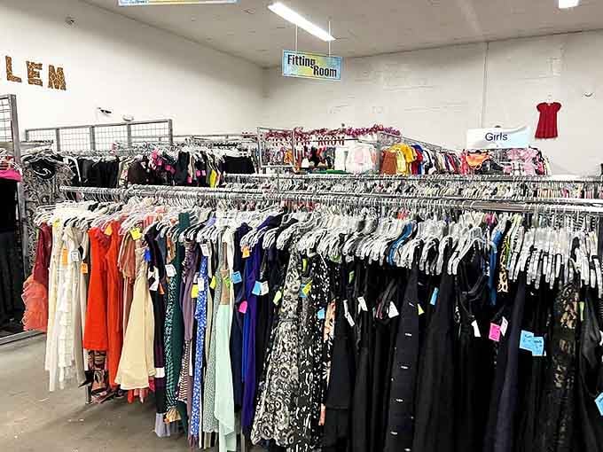 Racks of carefully organized clothing await – where else can you dress the whole family without breaking the bank?