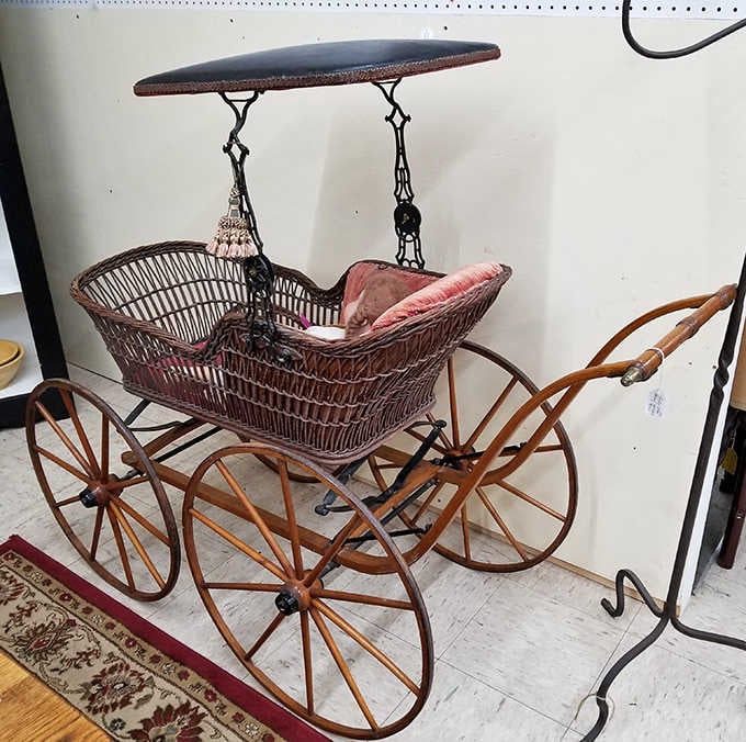 The Rolls-Royce of Victorian baby transportation. This wicker carriage once paraded Maine's tiniest aristocrats down cobblestone streets with impeccable suspension.