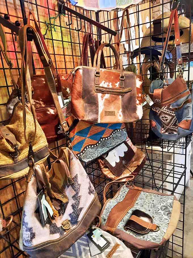 Western-inspired handbags hang like leather trophies, each one combining practicality with that distinctive Southern flair for the dramatic.