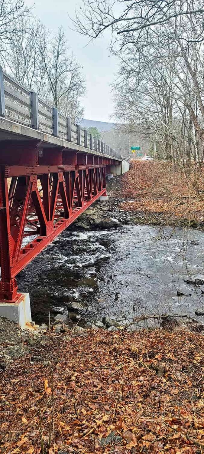 Engineering meets artistry at this river crossing, where rust-colored supports create a frame for nature's ever-changing canvas.