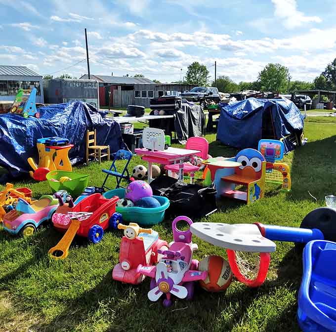 Childhood joy scattered across the grass&mdash;slightly loved toys at deeply lovable prices. That Cookie Monster table might just be someone's perfect find.