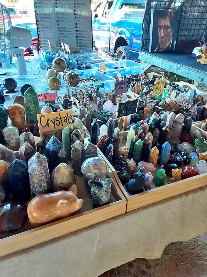 Crystal kingdom where metaphysical meets magnificent. Each colorful stone promises either healing properties or, at minimum, excellent conversation pieces for your coffee table.