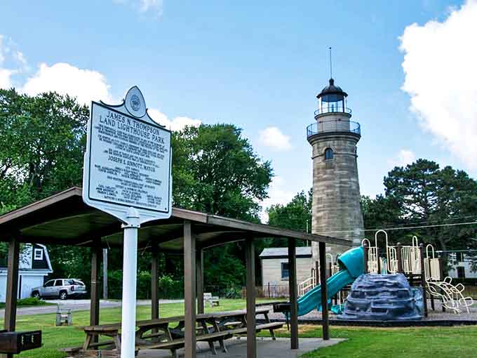 The Erie Land Lighthouse stands as a historic beacon with a playground nearby. Perfect for those "grandparent of the year" outings!