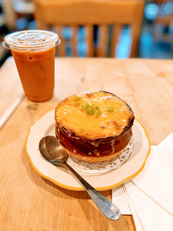 French onion soup that doesn't just warm your body but hugs your soul &ndash; that cheese pull should have its own Instagram account.