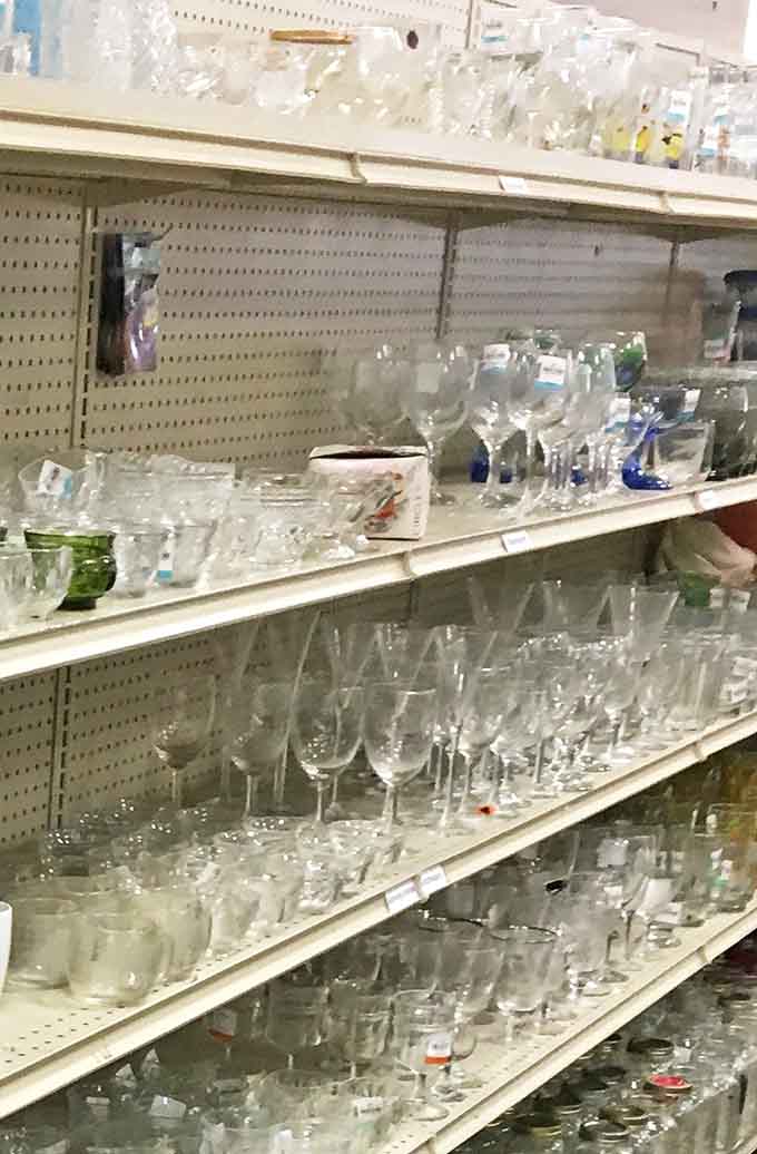 Crystal, stemware, and everyday glasses galore. Your next dinner party's secret weapon is hiding somewhere on these shelves.