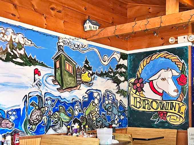 Local artists transformed this wall into a Maine winter wonderland&mdash;complete with ice fishing shacks and sea creatures&mdash;visual comfort food while you eat.