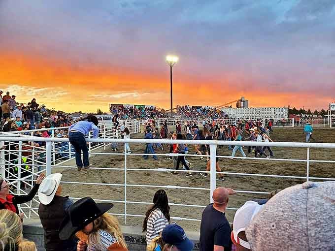 The Madison County Fairgrounds at sunset&mdash;where rodeo traditions and small-town celebrations continue under skies that seem impossibly vast and colorful.