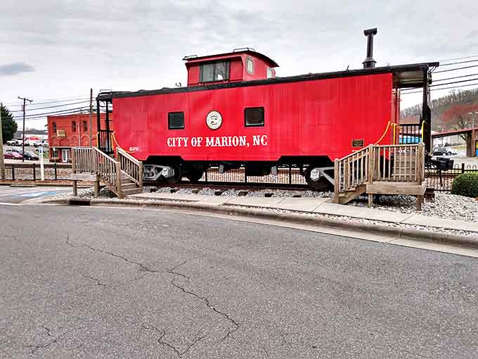 The bright red Marion Train Depot caboose stands as a cheerful reminder of the town's railroad heritage&mdash;history you can actually climb aboard.