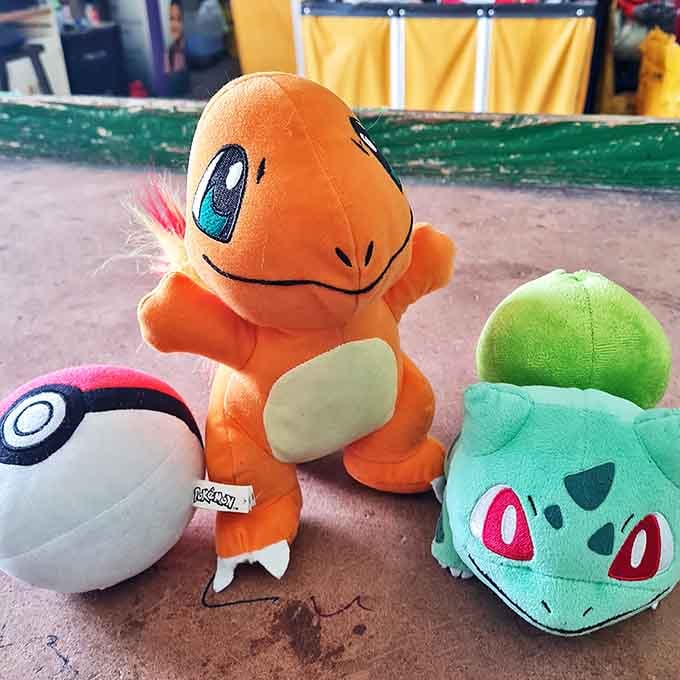 Pok&eacute;mon plushies ready for adoption &ndash; childhood nostalgia meets adult collecting in this adorable corner of thrift store magic.