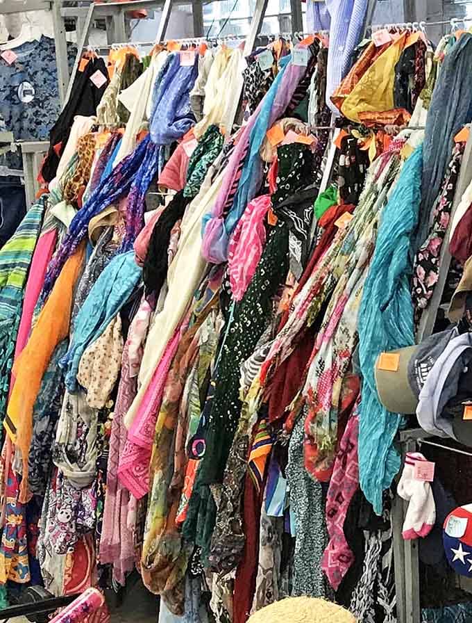 The scarf section explodes with color and pattern &ndash; silk, cotton, and synthetic fabrics from every era waiting to transform basic outfits.