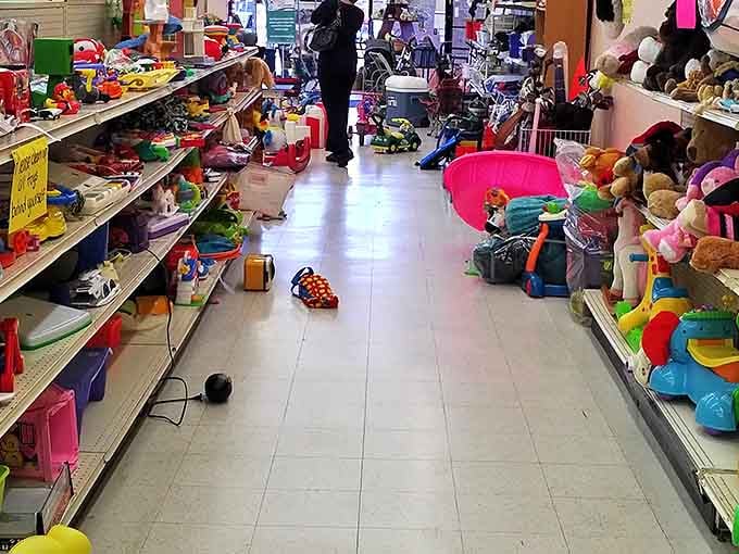 Childhood joy lines these shelves in plastic form. One person's outgrown toy is another child's new best friend &ndash; the circle of play continues.