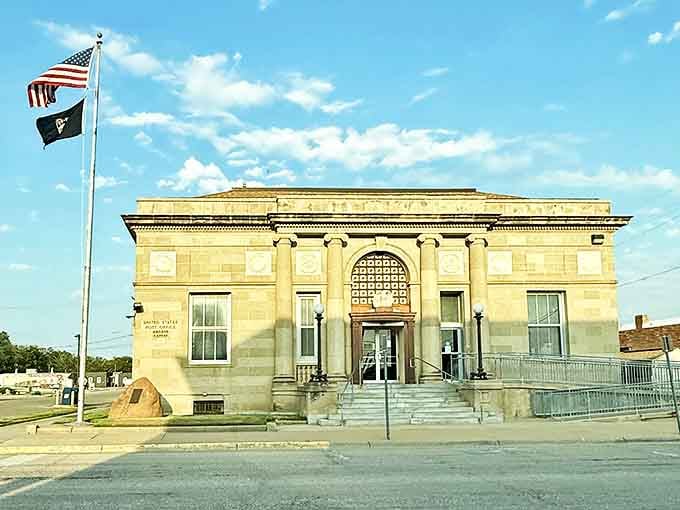 This stately postal building has witnessed countless letters home, packages of prairie gifts, and the steady rhythm of small-town communication.