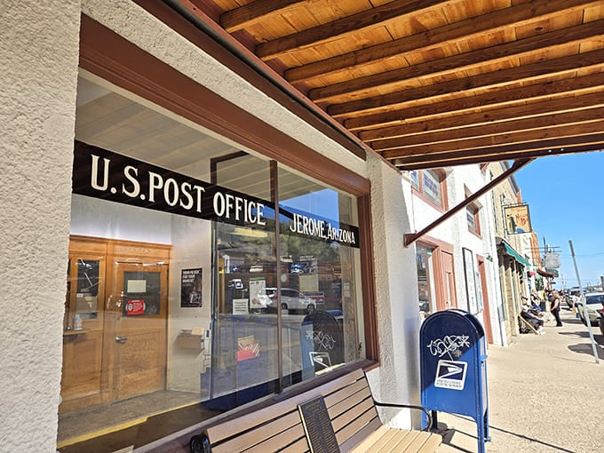 The Jerome Post Office—where sending a postcard home means your mail has traveled downhill faster than some of the town's historic buildings.
