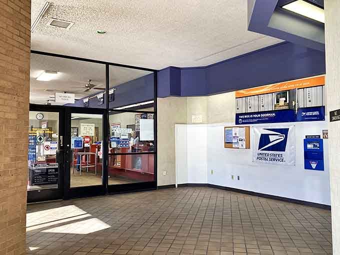 Even the post office maintains that mid-century charm, back when sending mail didn't require a second mortgage.