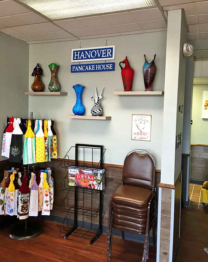 The waiting area doubles as a gift shop, offering colorful mementos to remember your pancake pilgrimage by.