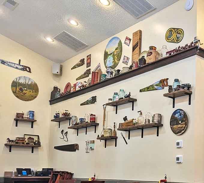 The wall displays aren't just decorations&mdash;they're a community scrapbook telling stories of rural Indiana through vintage tools and treasured mementos.