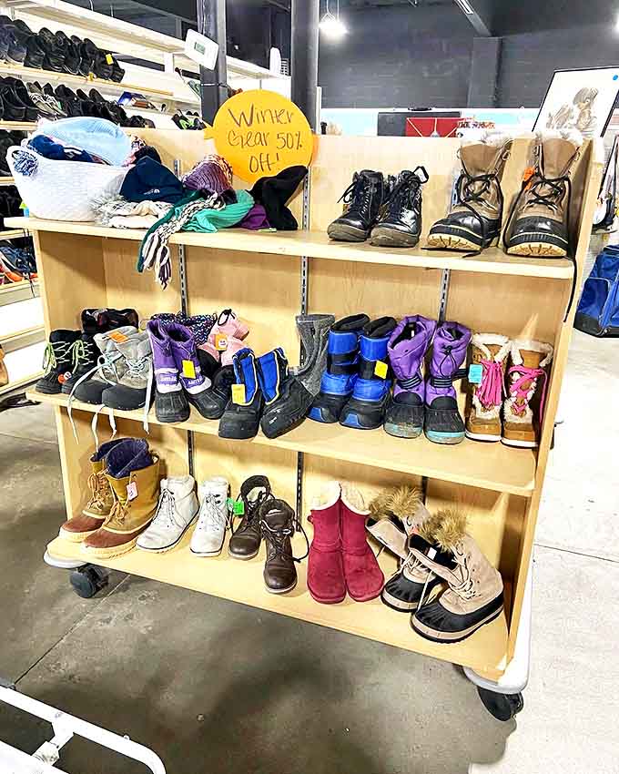 Winter boot bonanza! Idaho's seasonal footwear lineup proves one shopper's snow day castoff becomes another's mountain adventure essential.