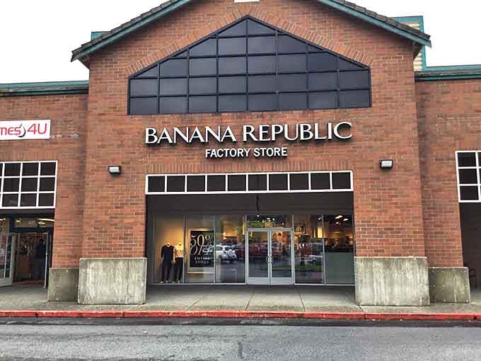 Banana Republic Factory Store announces its presence with architectural confidence and the silent promise of business casual salvation.