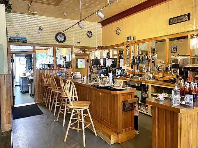 The counter seating area &ndash; where solo diners become regulars, coffee flows freely, and the best local gossip is exchanged over breakfast specials.