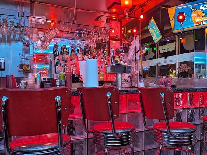 The counter seating offers front-row views of milkshake creation, like watching scientists at mission control, but with better results.