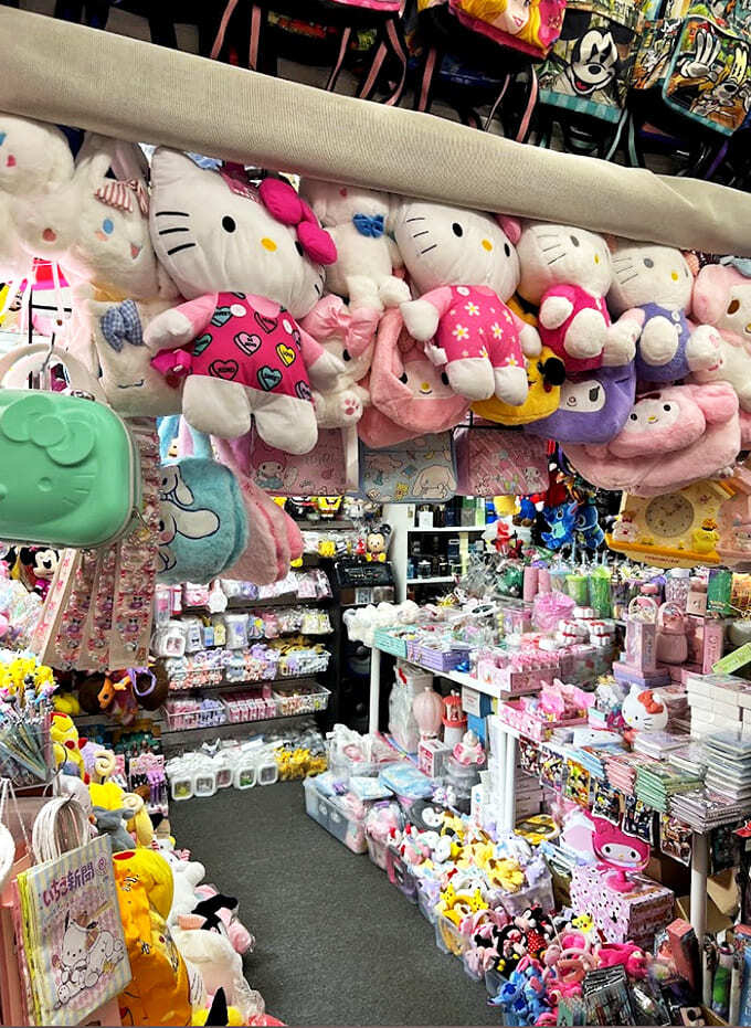 Hello Kitty's extended family reunion spills across shelves in a pastel explosion. Cuteness this concentrated should require a warning label.