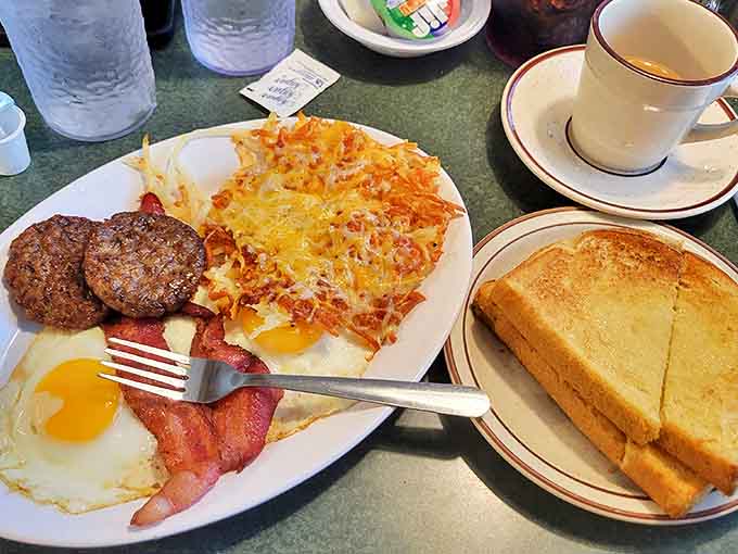Not just breakfast—it's a full-fledged celebration on a plate. Those hash browns have achieved the perfect golden ratio of crispy to tender.