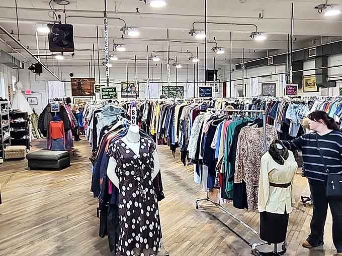 Fashion finds await the patient hunter&mdash;racks organized by color create a rainbow road of possibilities, from polka dots to vintage evening wear.