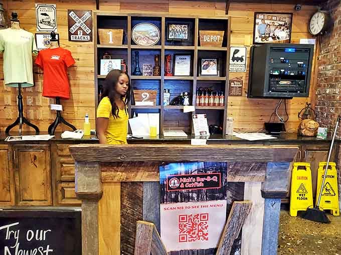 First impressions matter. The welcoming counter at Nick's promises good things to come, with local memorabilia setting the scene.